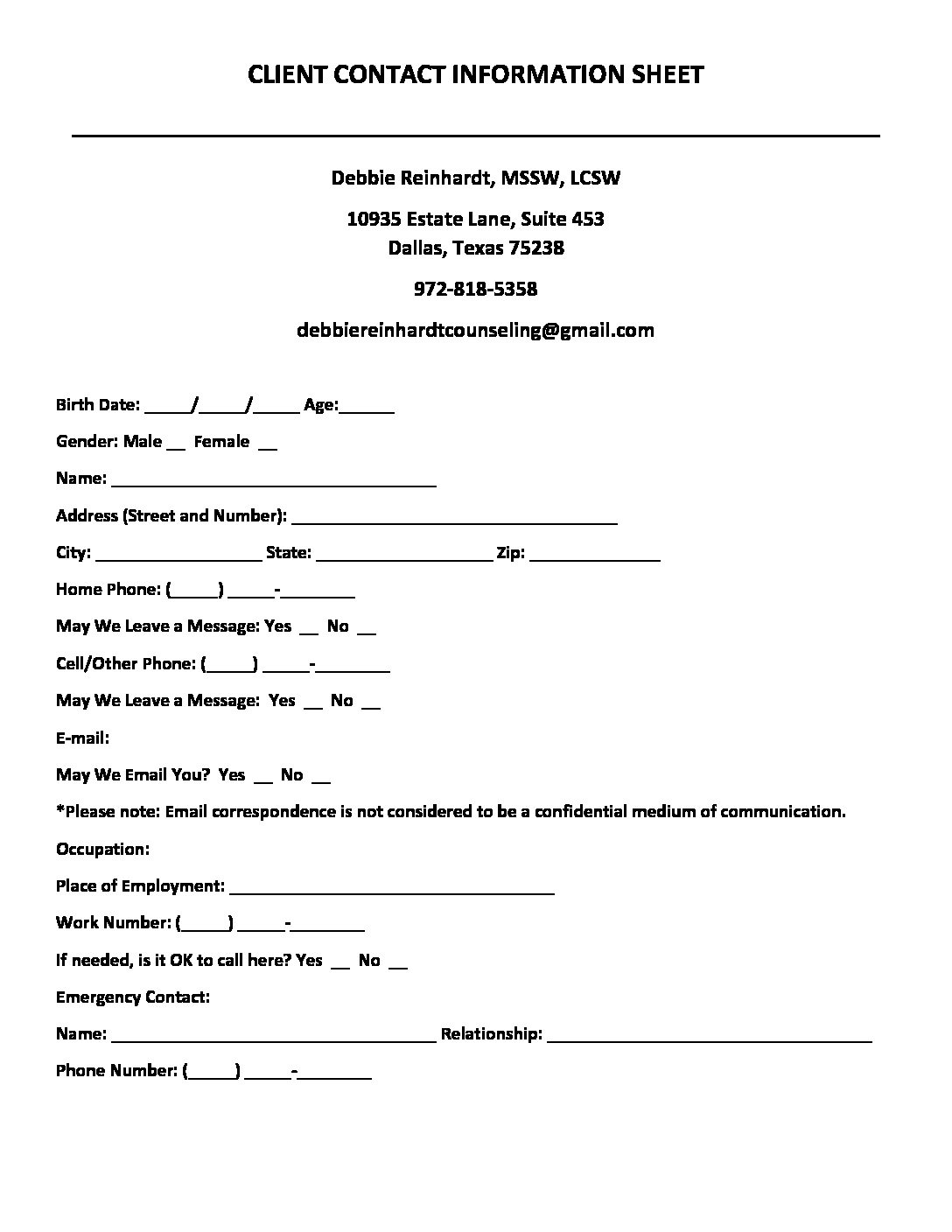 CLIENT CONTACT INFORMATION SHEET | Debbie Reinhardt Counseling