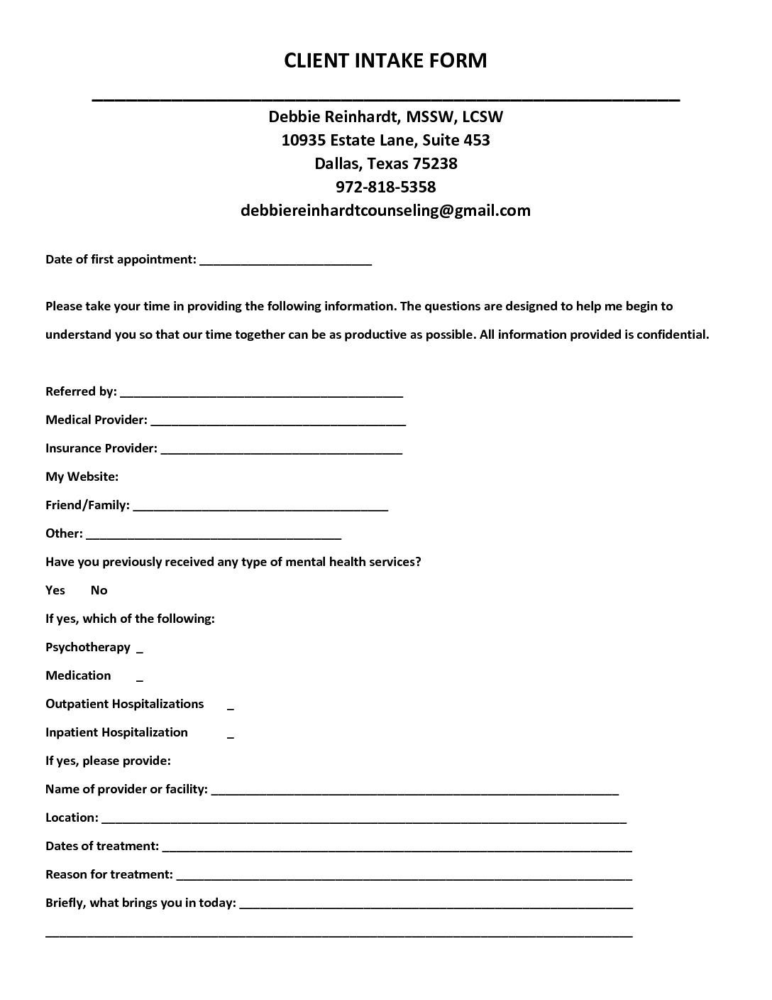 Client Intake Form | Debbie Reinhardt Counseling